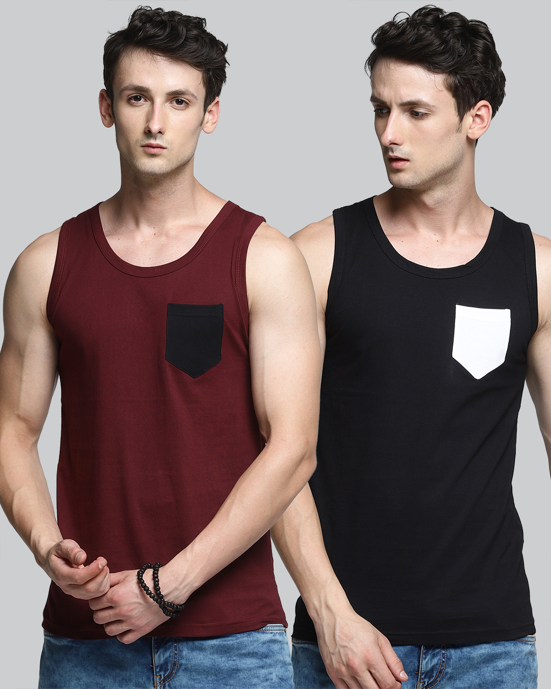 Buy Pack of 2 Men's Maroon & Black Color Block Vest Online at Bewakoof