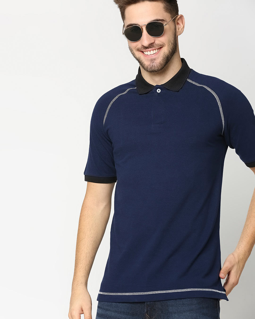 Buy Pageant Blue Half Sleeve Raglan Contrast Polo Online at Bewakoof