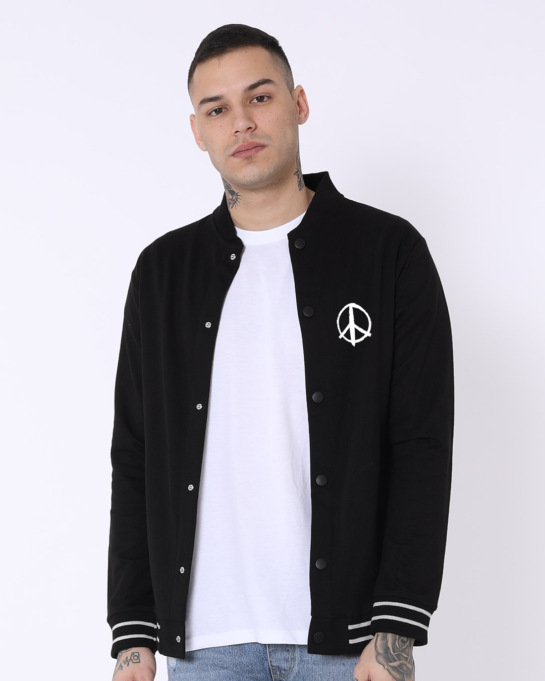 Buy Peace Symbol Varsity Buttoned Bomber Jacket Online at Bewakoof