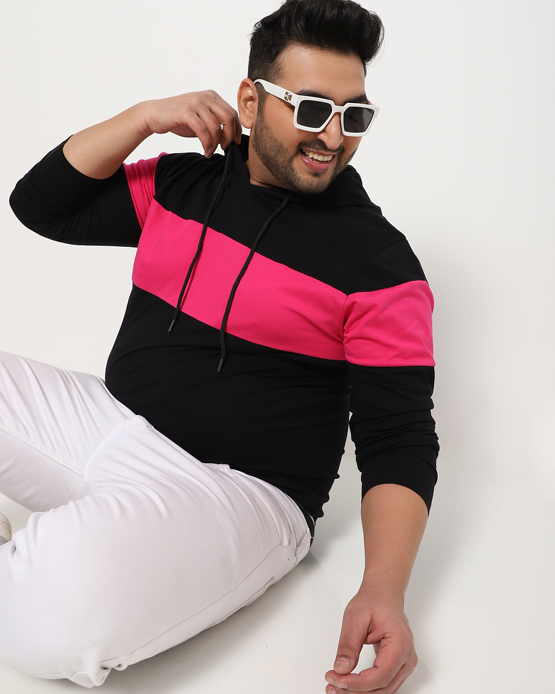 Buy Peppy Pink Plus Size Colorblock Full sleeve Hoodie T-shirt Online ...