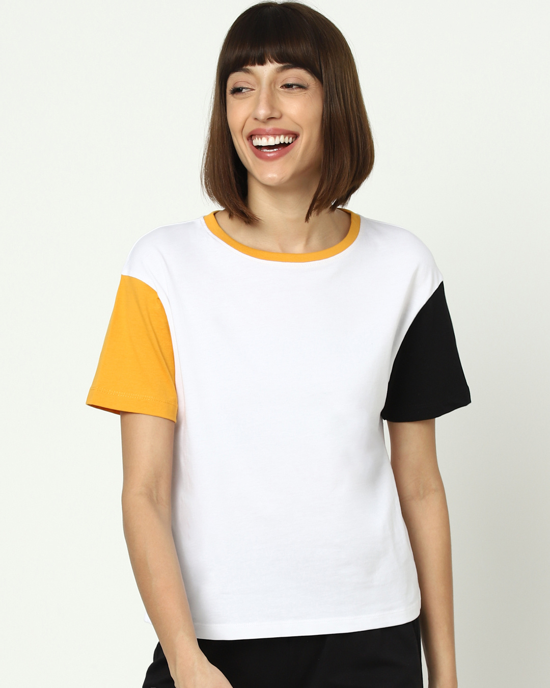 Buy Popcorn Yellow Contrast Sleeve Short Top for Women Multicolor ...