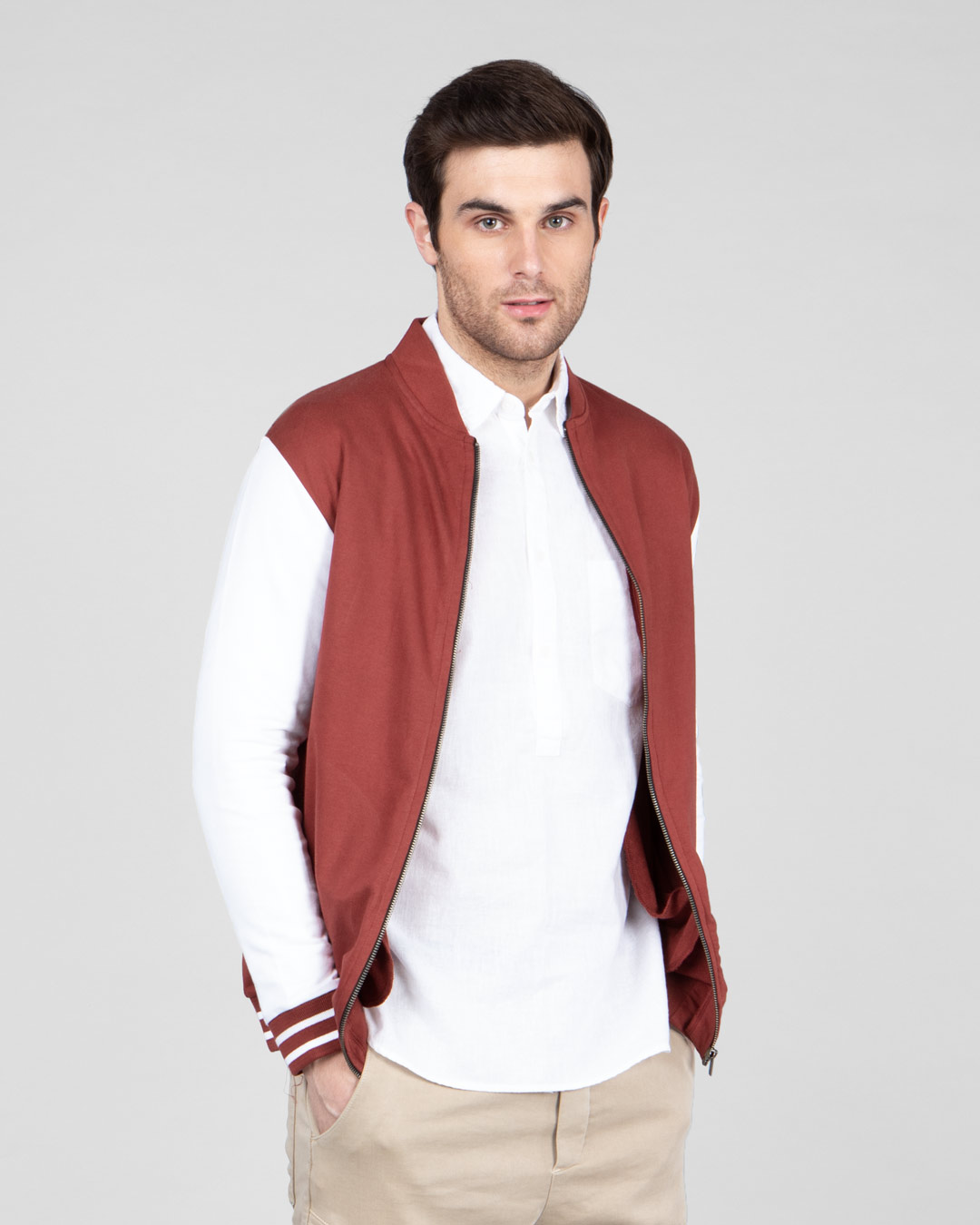 Buy Men's Red & White Color Block Varsity Bomber Jacket Online at Bewakoof