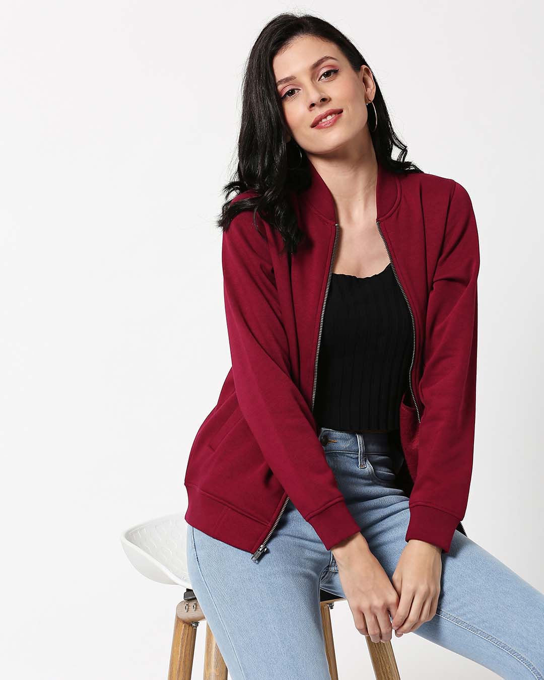 Buy Women's Red Zipper Bomber Jacket Online at Bewakoof