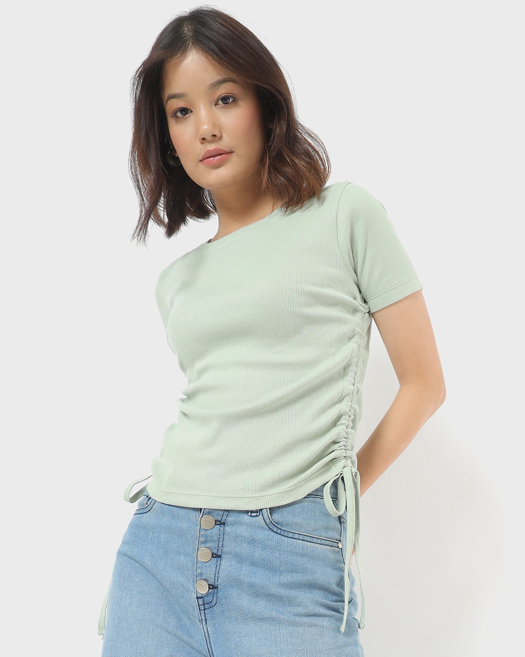 Buy Women's Sage Green Side Gather Slim Fit Short Top Online at Bewakoof