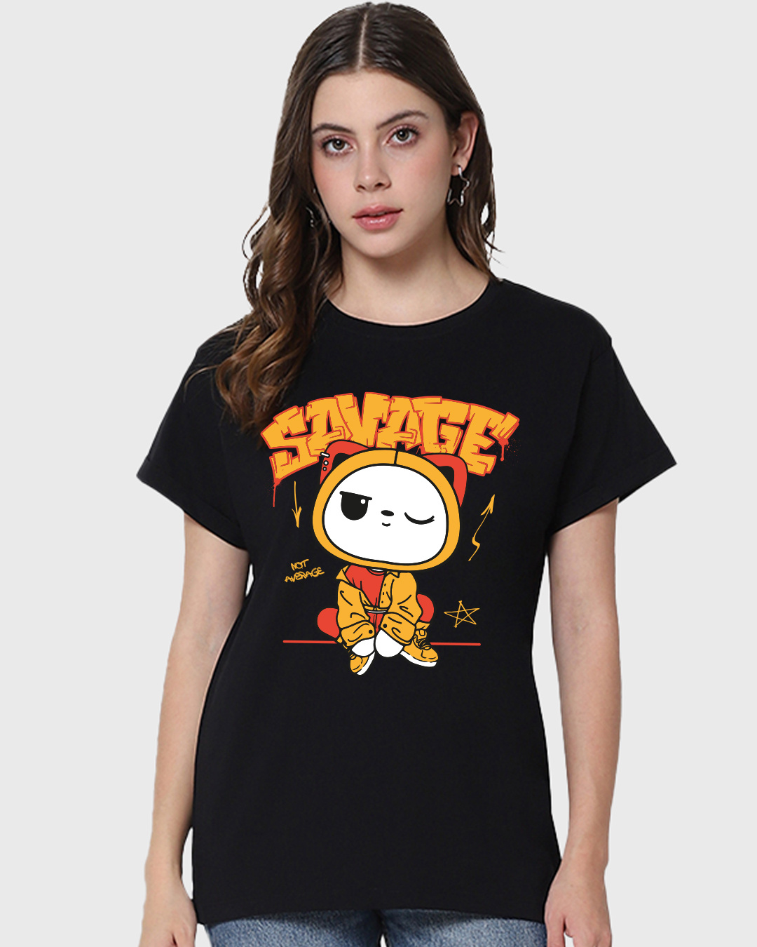 Buy Women's Black Savage Kitty Graphic Printed Boyfriend T-shirt Online ...