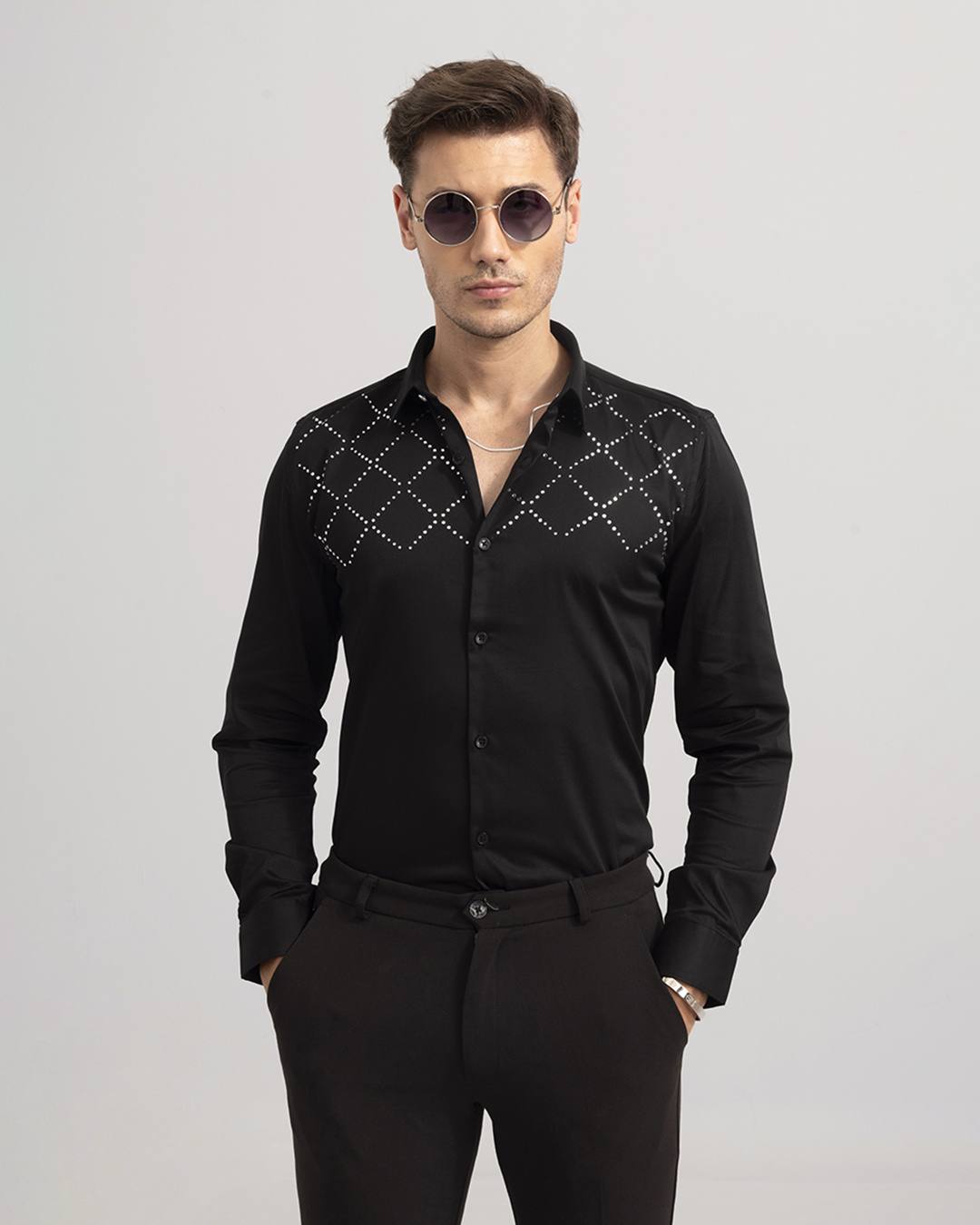 Buy Snitch Men's Black Starry Beaded Embellished Slim Fit Shirt Online ...