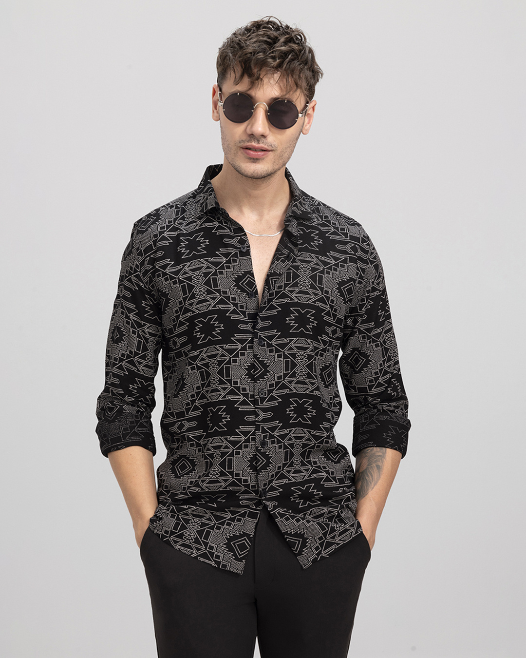 Buy Snitch Men's Black Zap Geometric Printed Slim Fit Shirt Online at ...