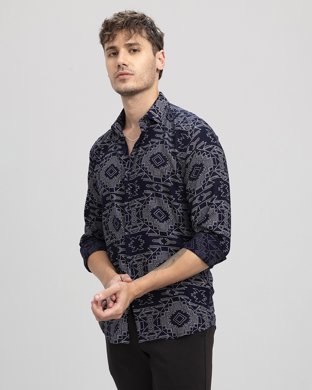 Buy Snitch Men's Blue Zap Geometric Printed Slim Fit Shirt Online at ...