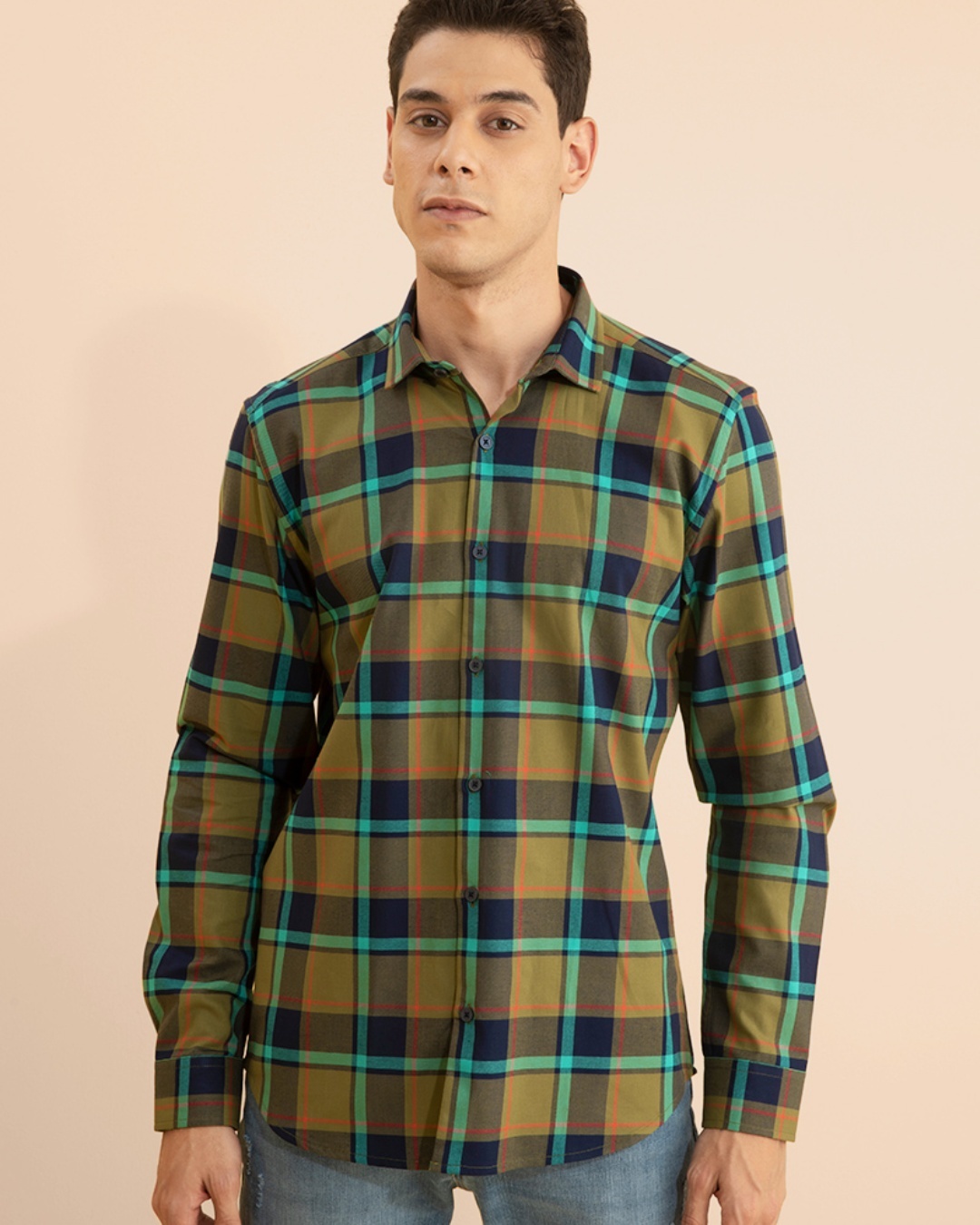 Buy Snitch Mens Mens Olive Twill Checked Printed Slim Fit Shirt 