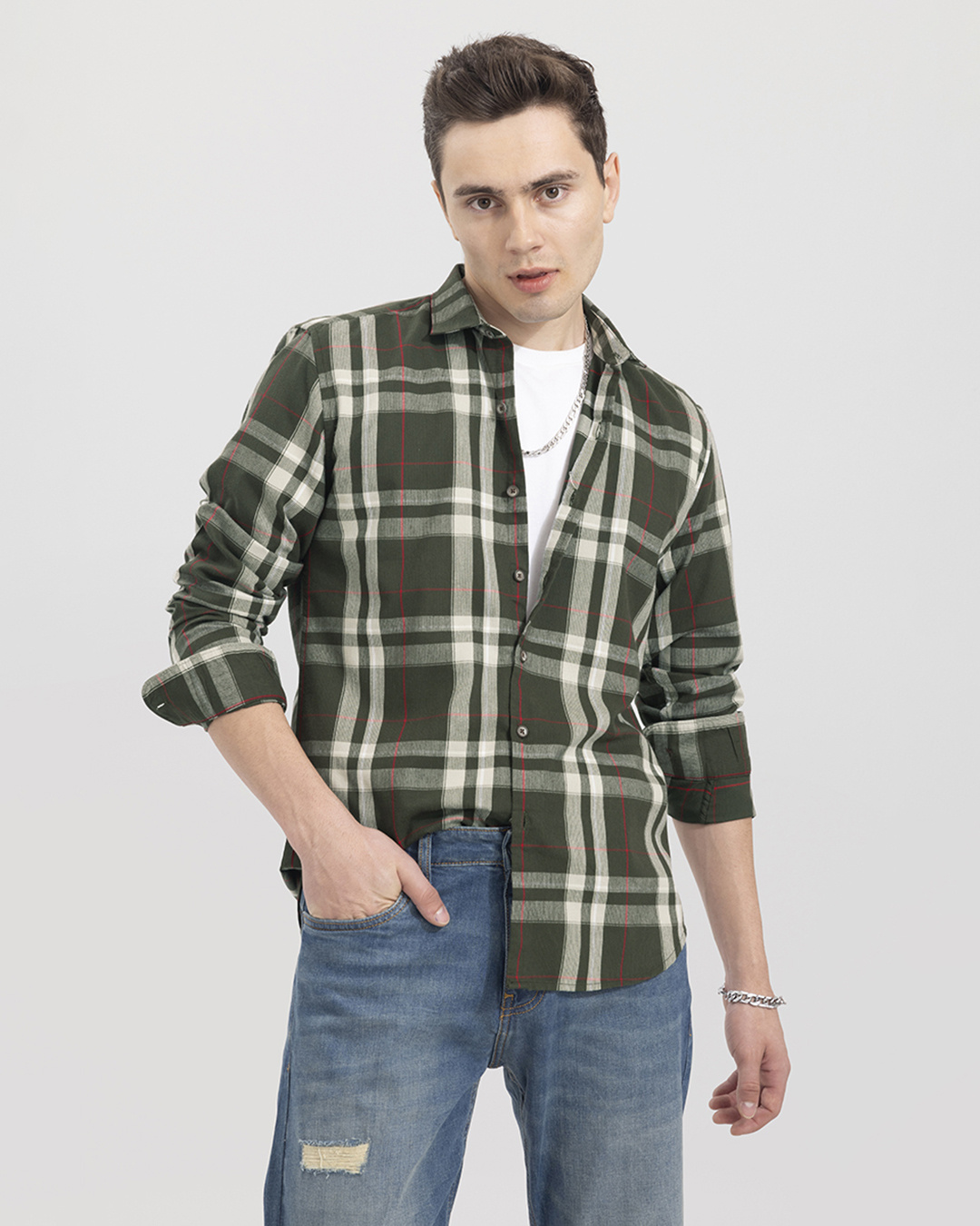 Buy Snitch Men's Olive Shutter Checked Slim Fit Shirt Online at Bewakoof