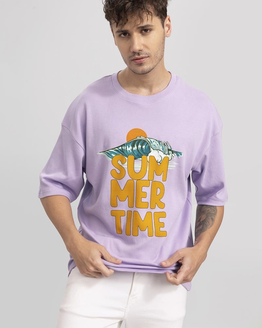Buy Snitch Men's Purple Sun Graphic Printed Oversized T-shirt Online at ...