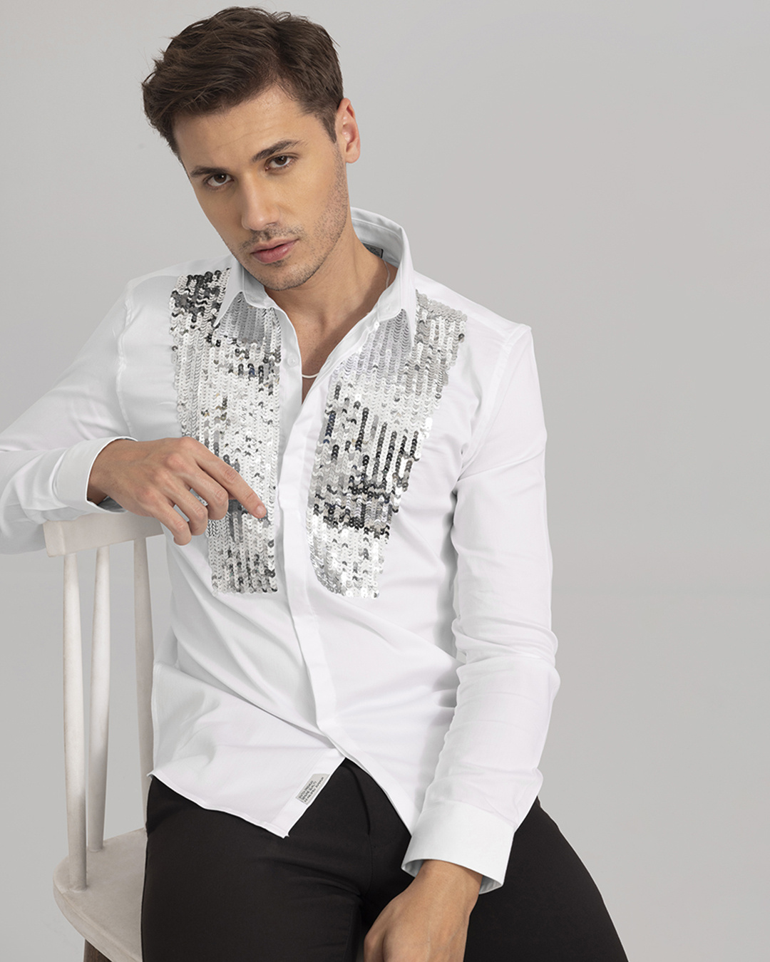 Buy Men's White Sequence Tuxedo Embellished Slim Fit Shirt Online at ...