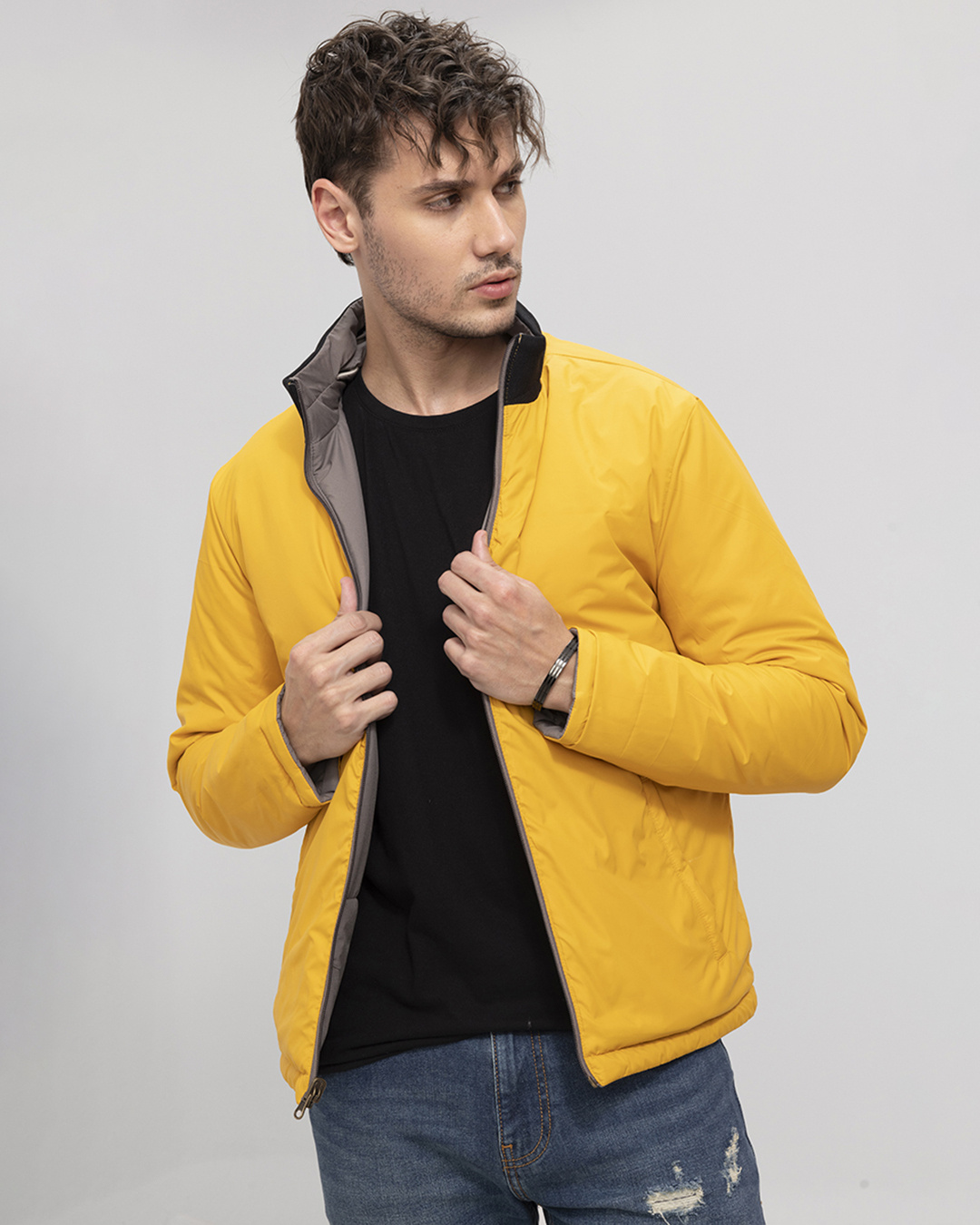 Buy Snitch Men's Yellow Slim Fit Reversible Puffer Jacket Online at ...