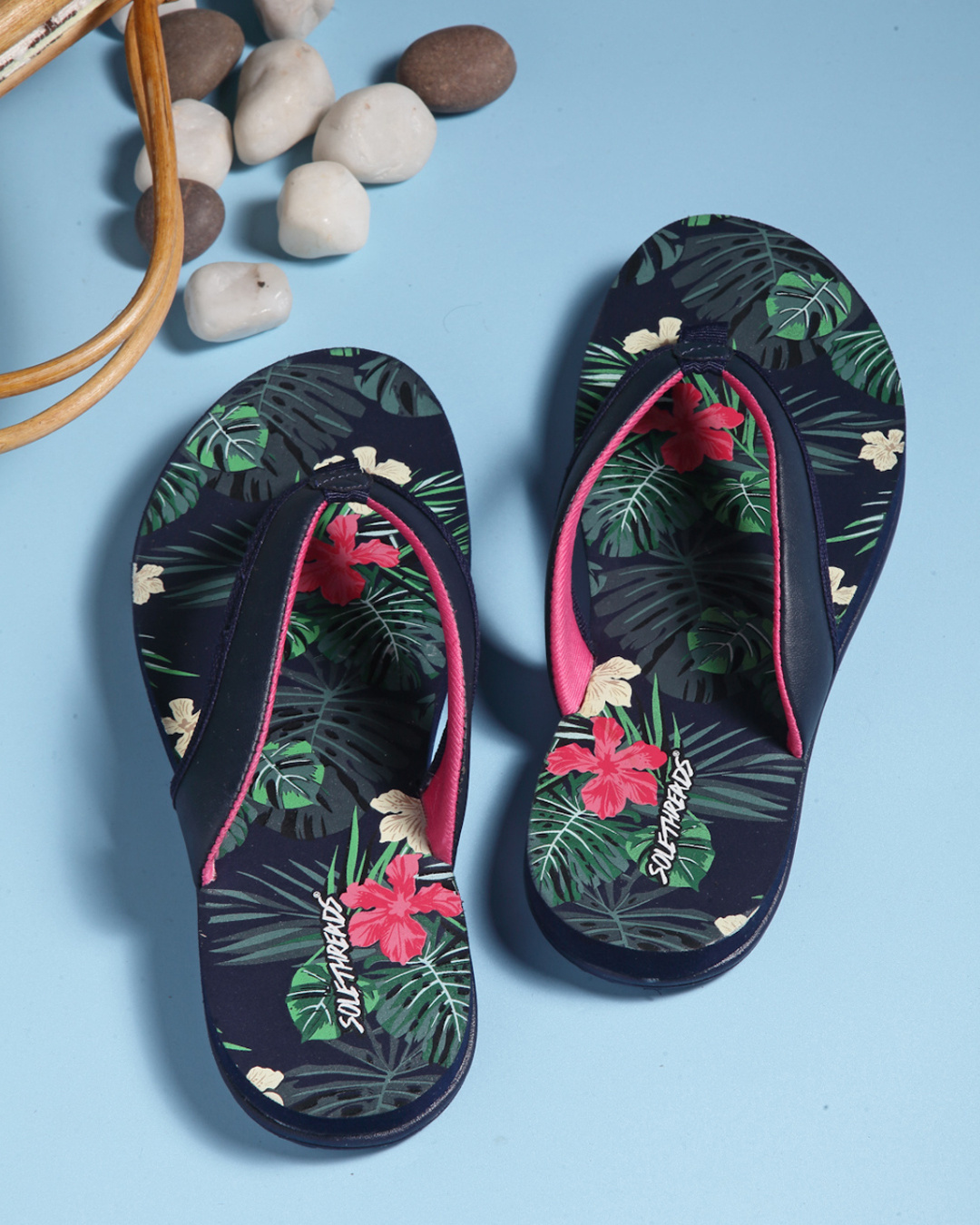 Buy Solethreads Women's Blue Round Toe Printed Flip Flop Online in ...