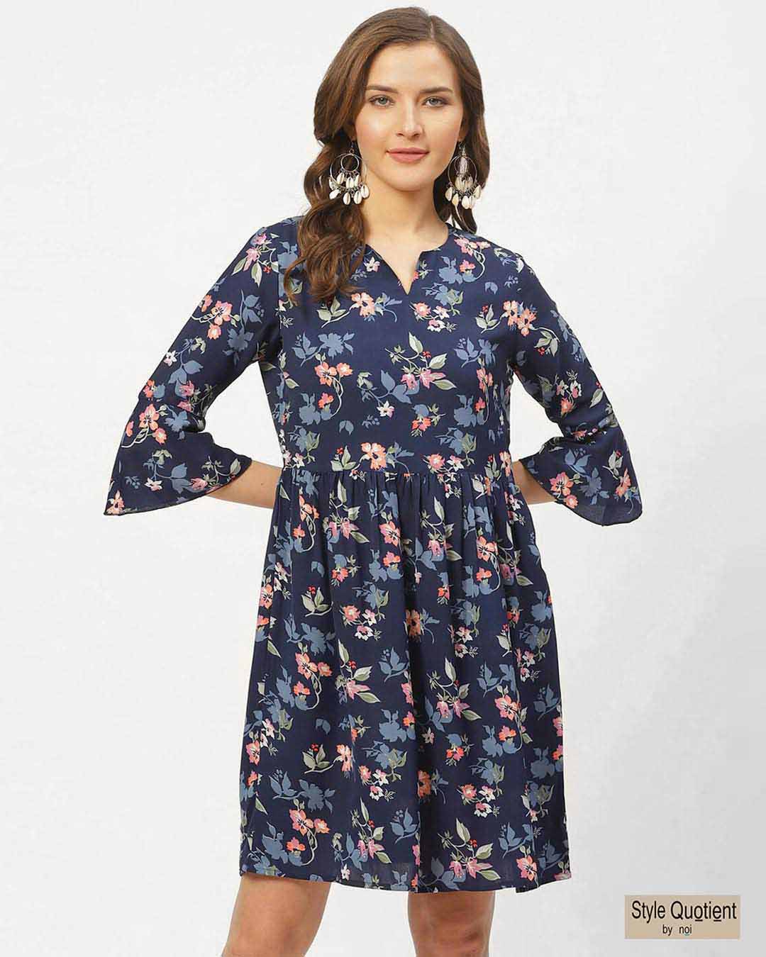 Buy Style Quotient Women Blue And Pink Floral Print A Line Dress For