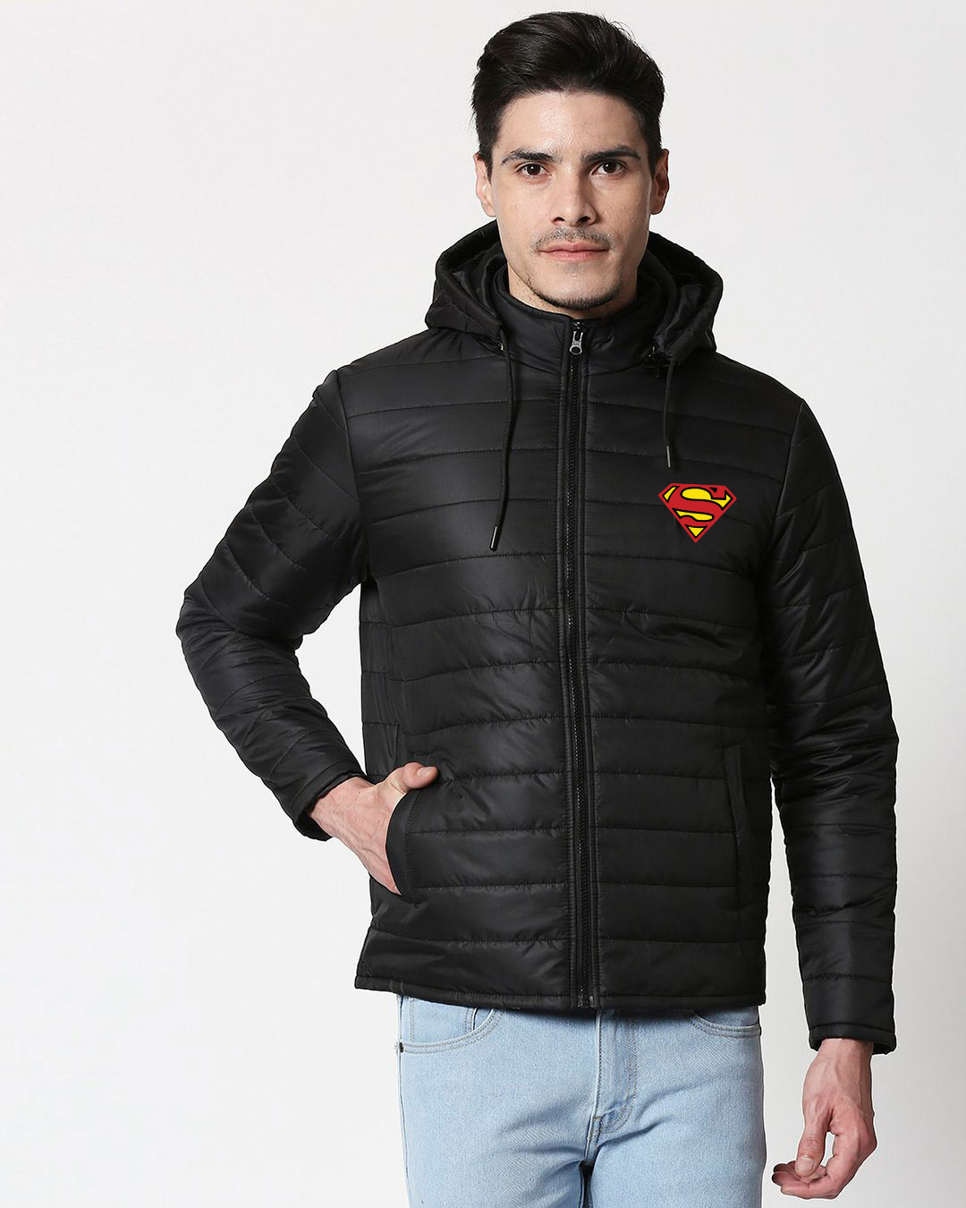 Buy Men's Black Superman Logo Graphic Printed Puffer Jacket With ...