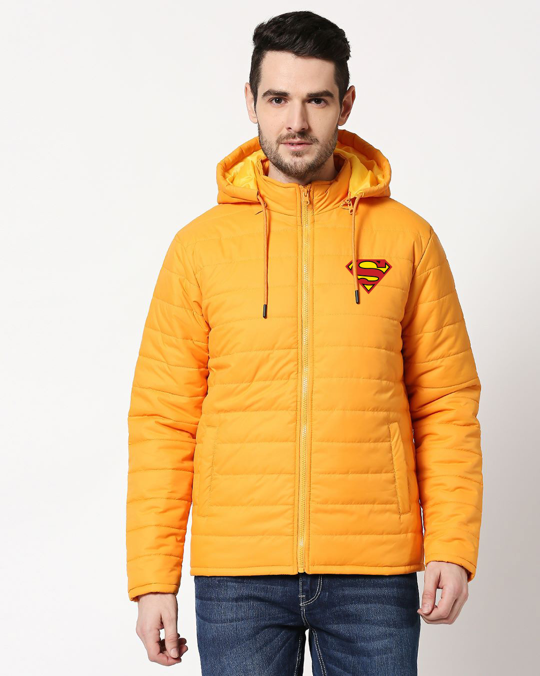Buy Men's Yellow Superman Logo Printed Puffer Jacket With Detachable ...