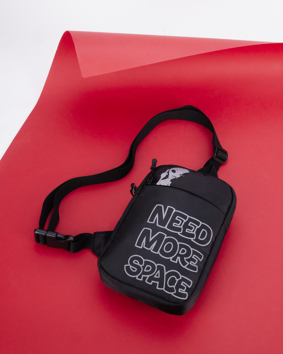 Buy Unisex Black Need More Space Typography Sling Bag Online in India at Bewakoof