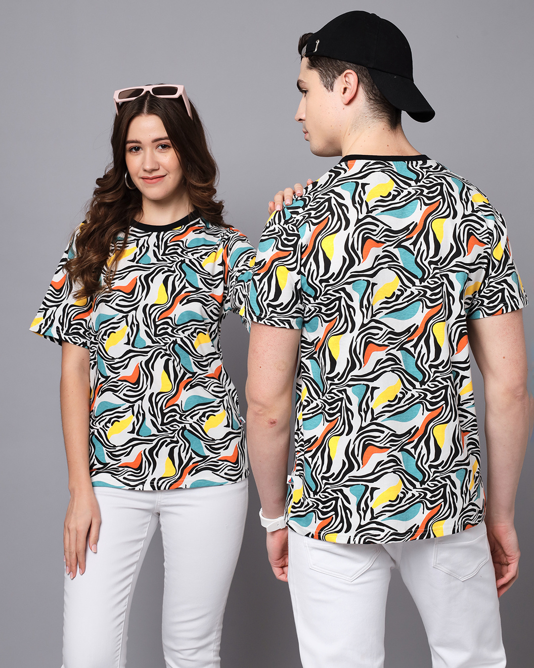 Buy Pack of 2 Unisex Multicolor Abstract Printed Couple T-shirt Online ...