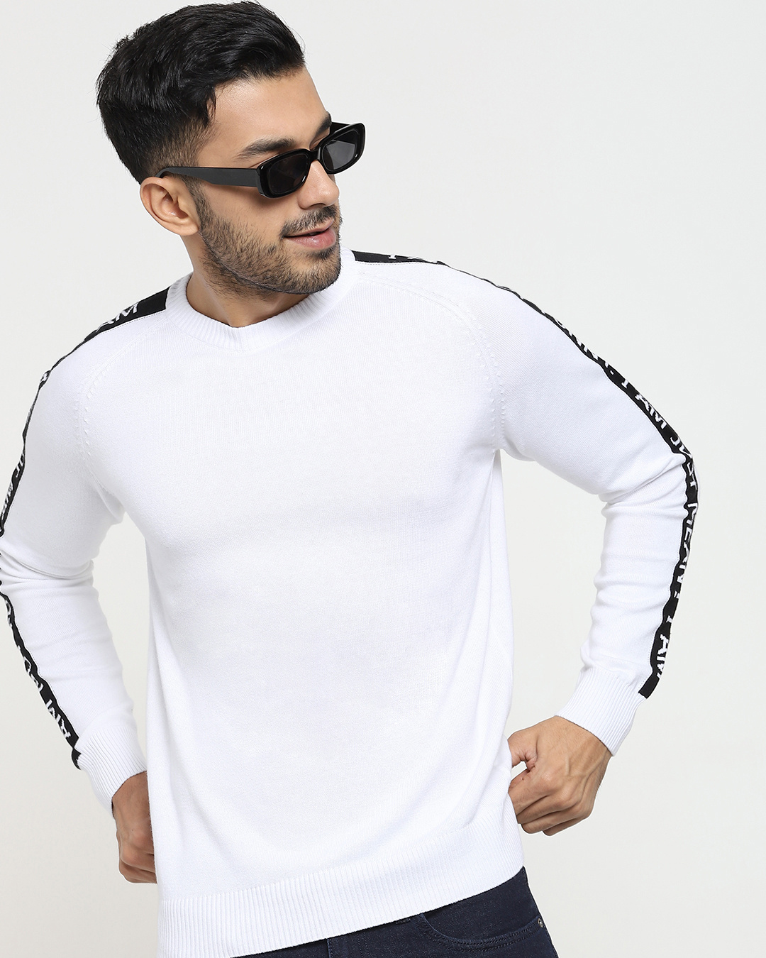 Buy Men's White Shoulder Panel Printed Sweater Online at Bewakoof