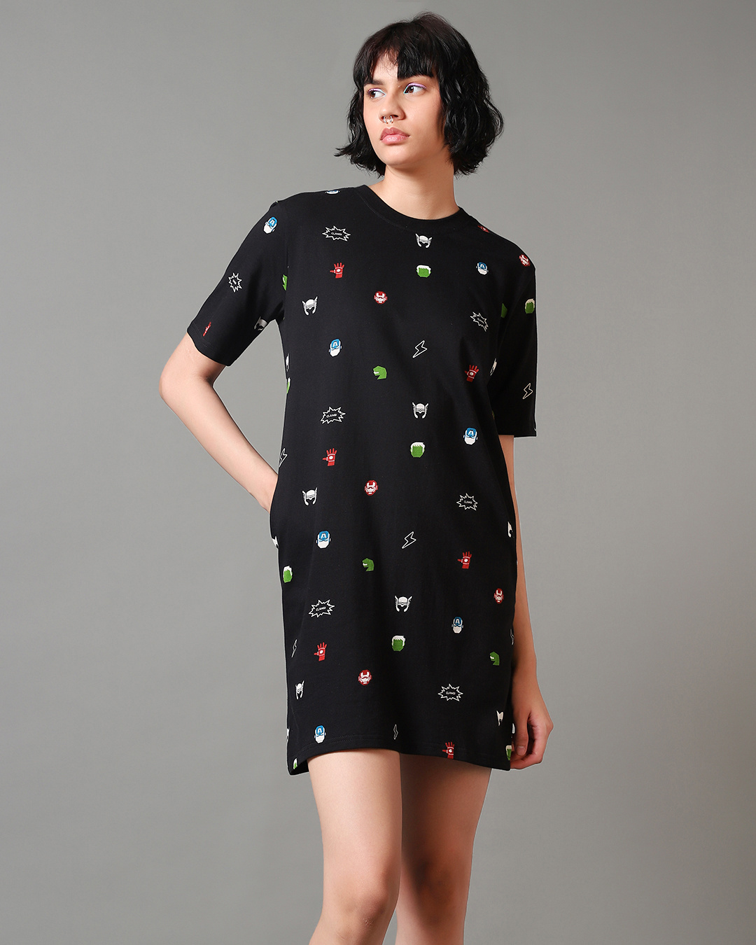 Buy Womens Black All Over Printed Oversized Plus Size T Shirt Dress