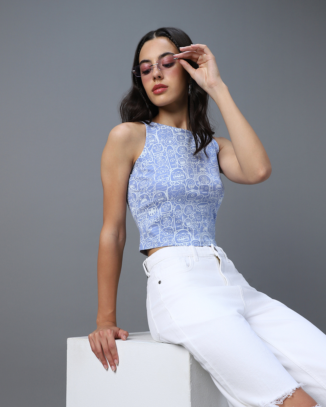 Buy Women's Blue All Over Printed Slim Fit Short Top Online at Bewakoof