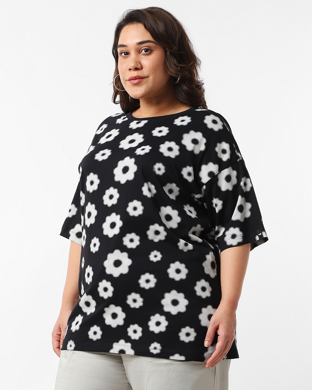 Buy Women Black All Over Printed Oversized Plus Size T-shirt Online at Bewakoof