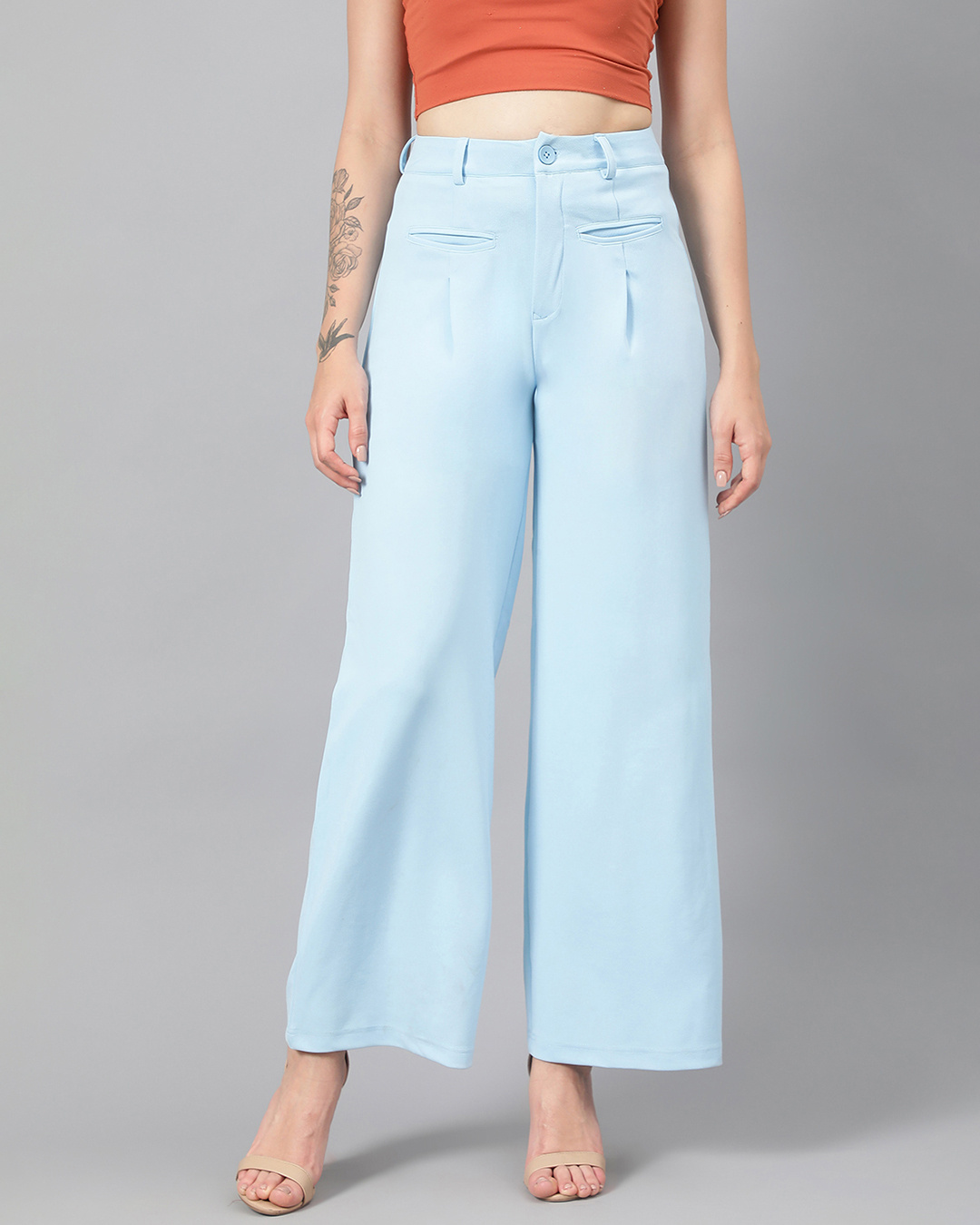 Buy Women's Baby Blue Straight Fit Trousers Online at Bewakoof