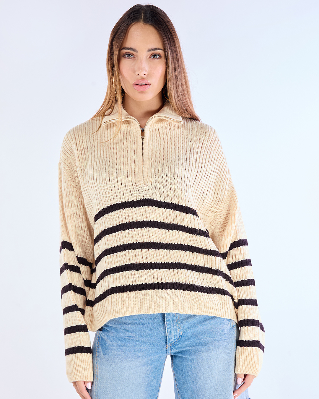 Buy Women's Beige & Black Striped Oversized Sweater Online at Bewakoof