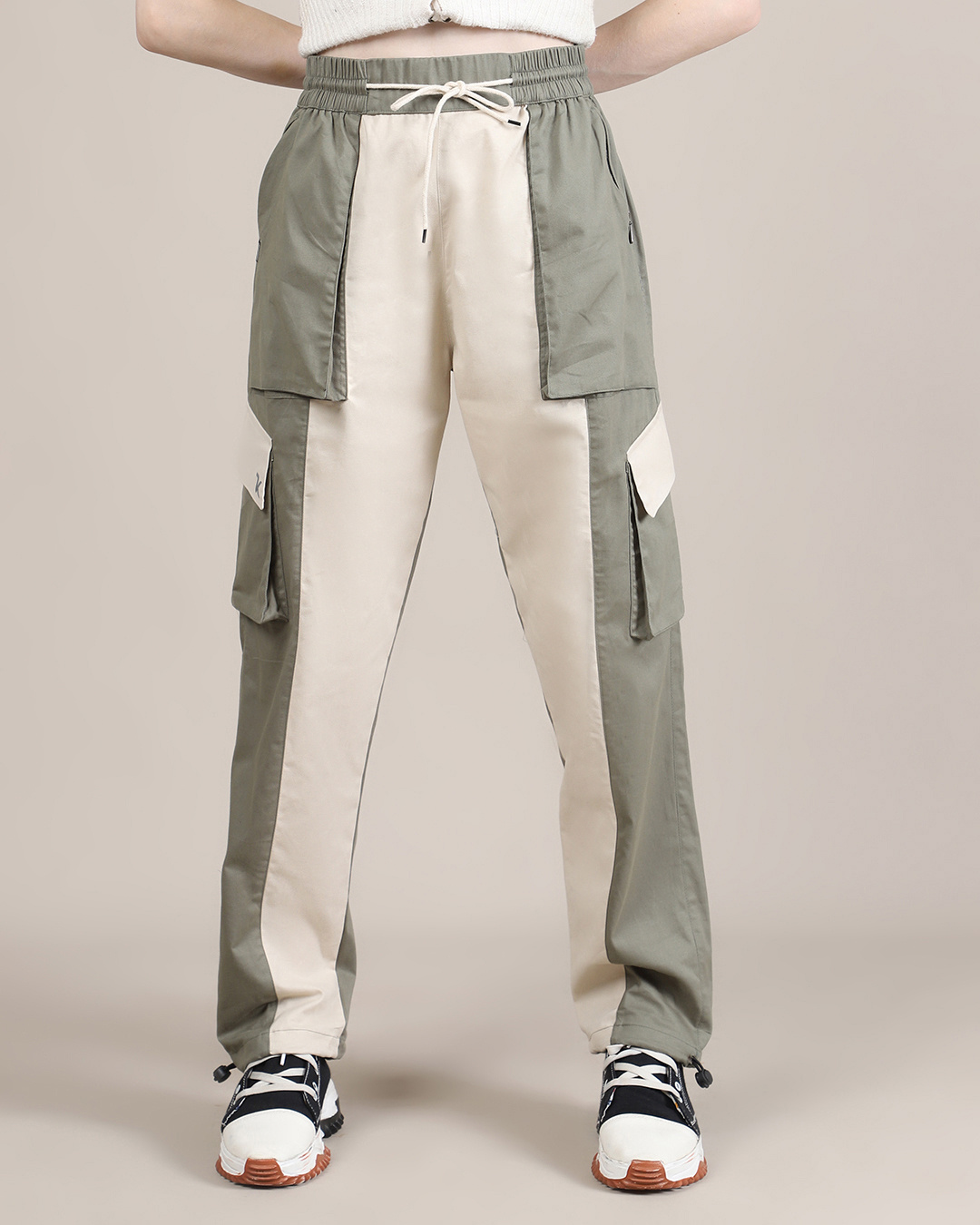 Buy Women's Beige & Green Color Block Loose Comfort Fit Cargo Pants ...