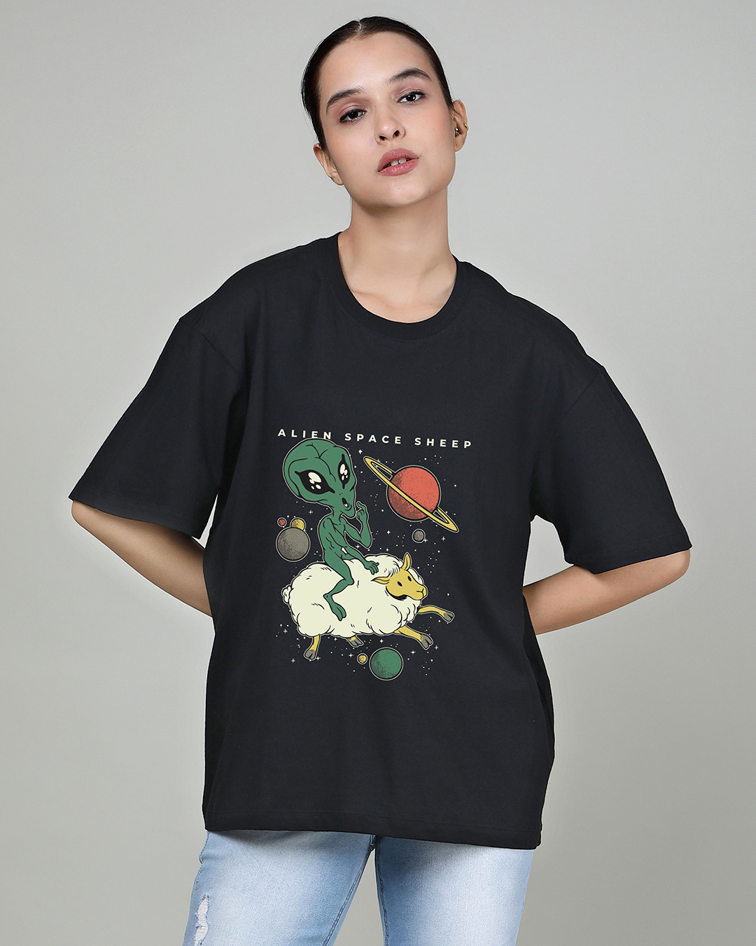 Buy Women's Black Alien Space Sheep Graphic Printed Oversized T-shirt ...