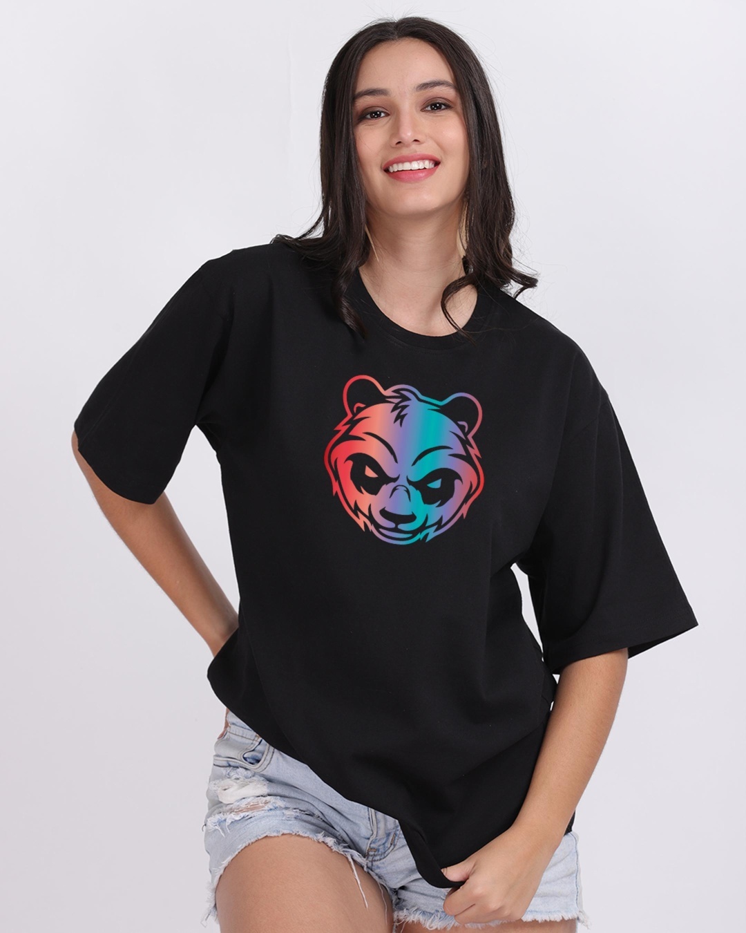 Buy Women's Black Angry Panda Graphic Printed Oversized T-shirt Online ...