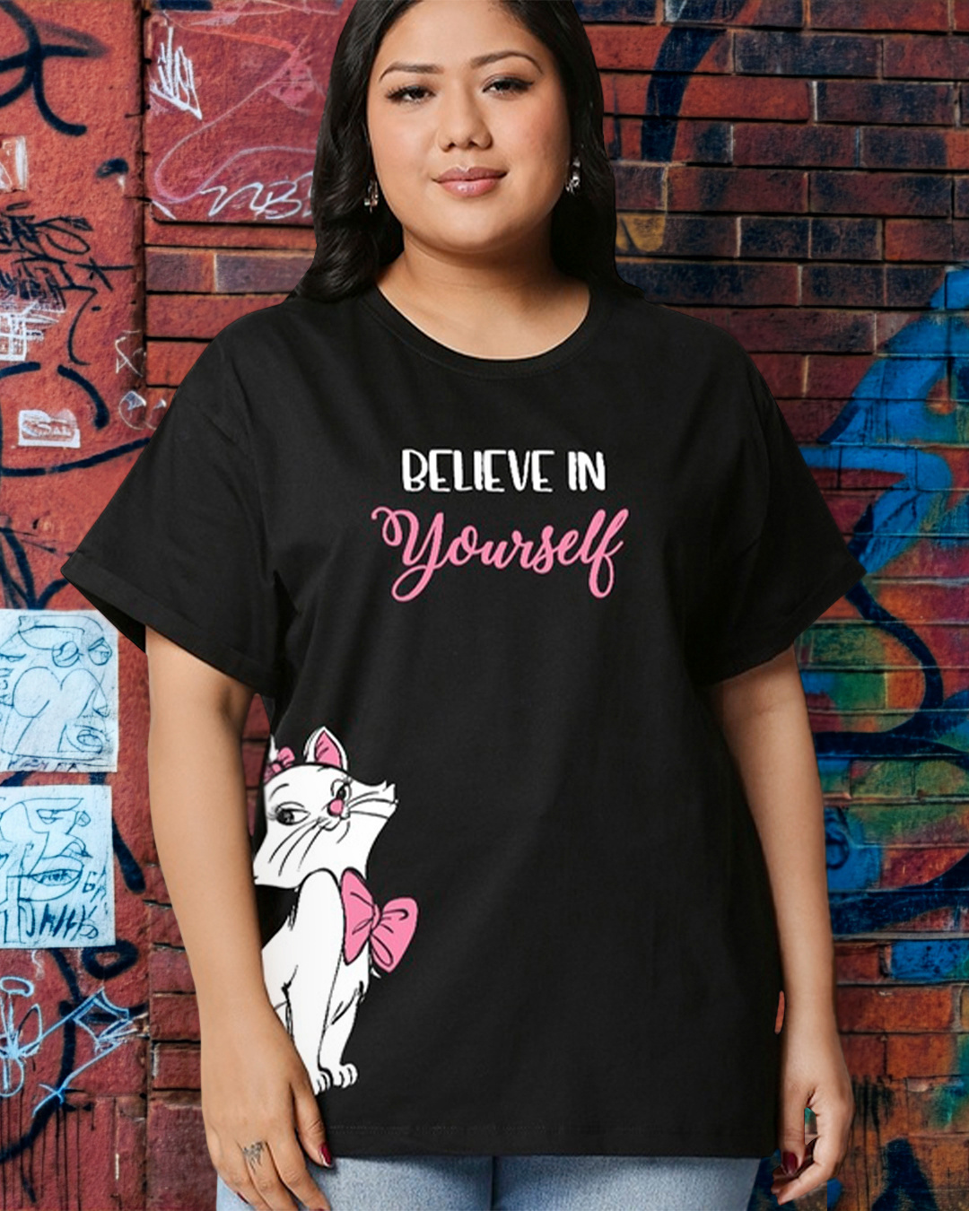 Buy Women's Black Believe Cat Graphic Printed Plus Size Boyfriend T-shirt Online at Bewakoof
