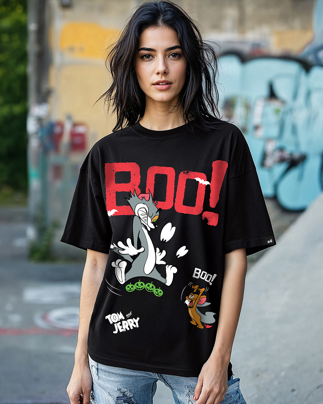 Buy Women's Black Boo Graphic Printed Oversized T-shirt Online at Bewakoof