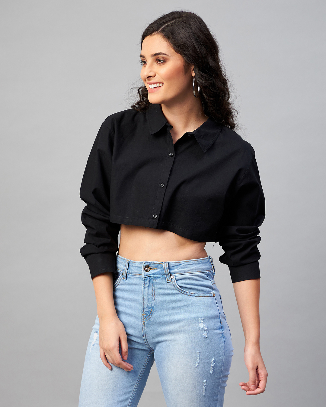 Buy Women's Black Boxy Fit Crop Shirt Online at Bewakoof