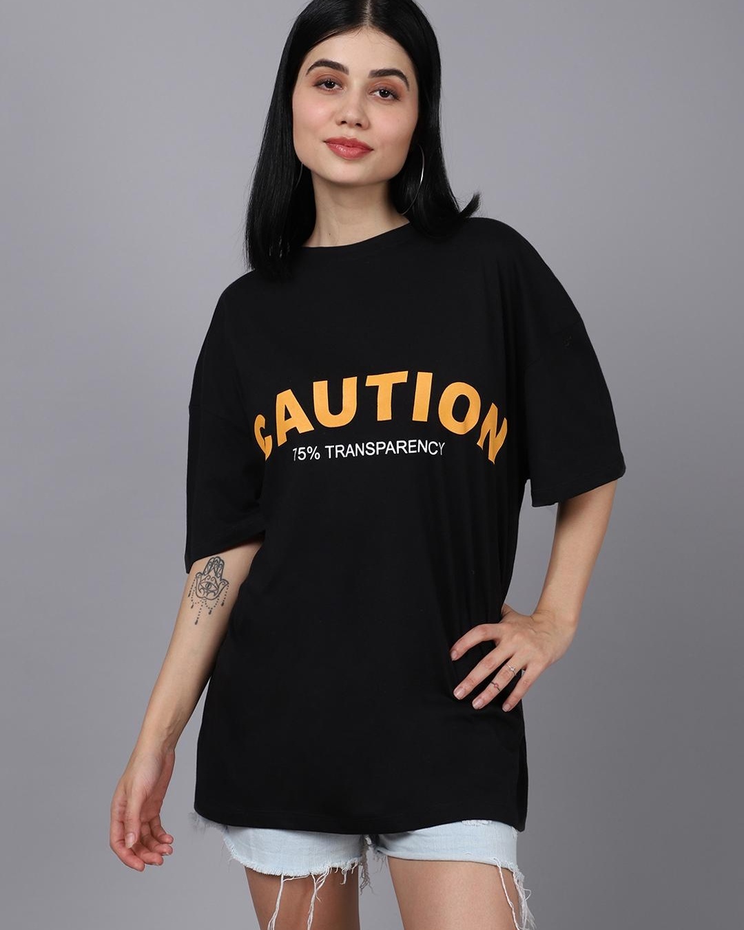 Buy Women's Black Caution Typography Oversized T-shirt Online at Bewakoof