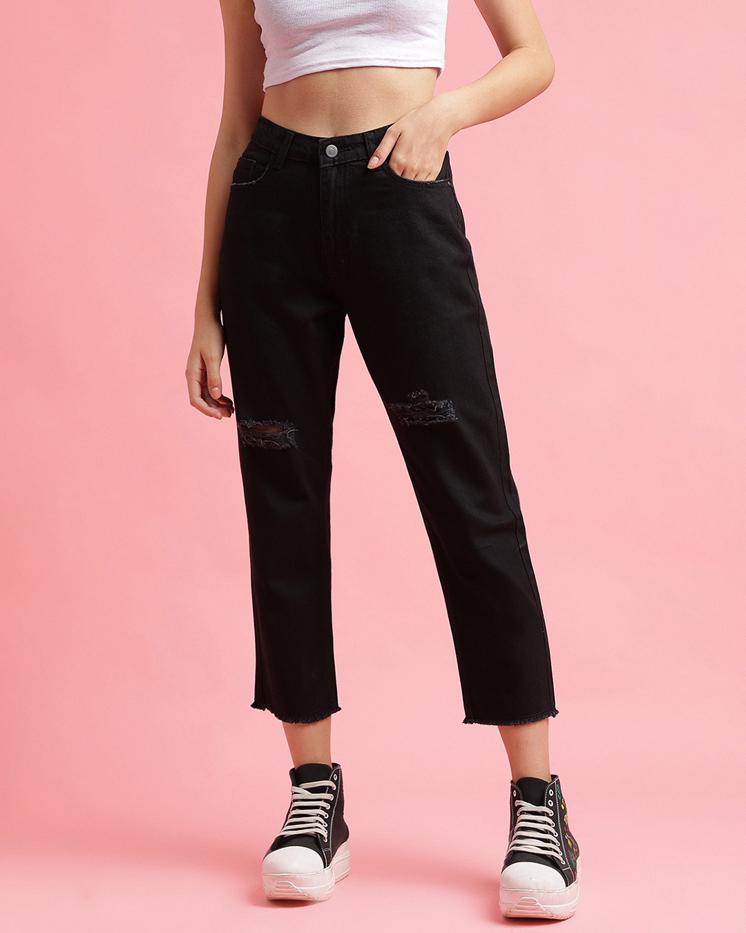 Buy Women's Black Distressed Boyfriend Fit Jeans Online at Bewakoof