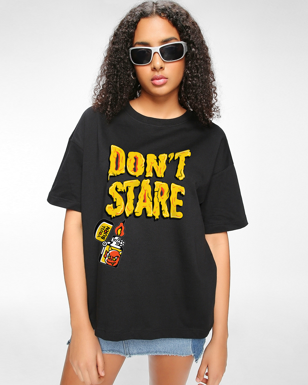 Buy Women's Black Don't Stare Typography Oversized T-shirt Online at ...