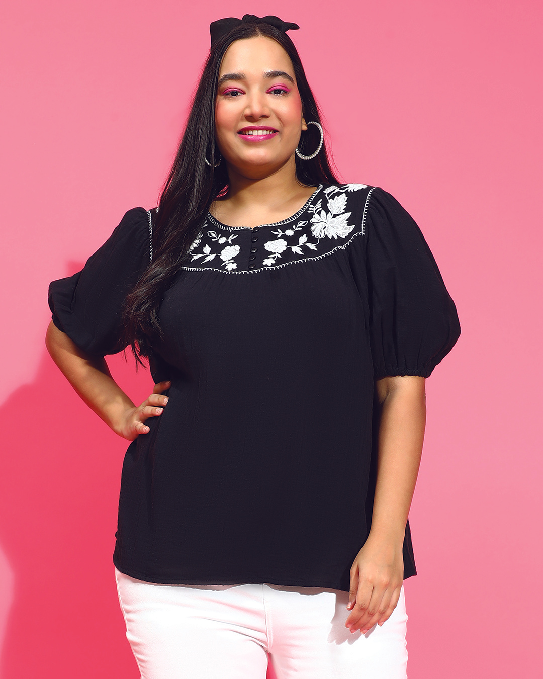 Buy Women's Black Embroidered Plus Size Top Online at Bewakoof
