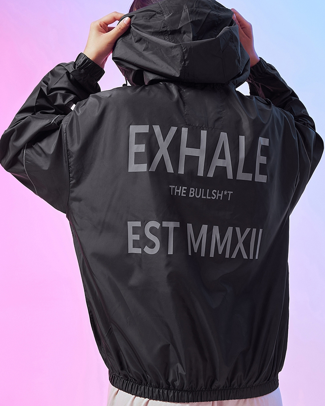 Buy Women's Black Exhale Typography Super Loose Fit Windcheater Jacket ...