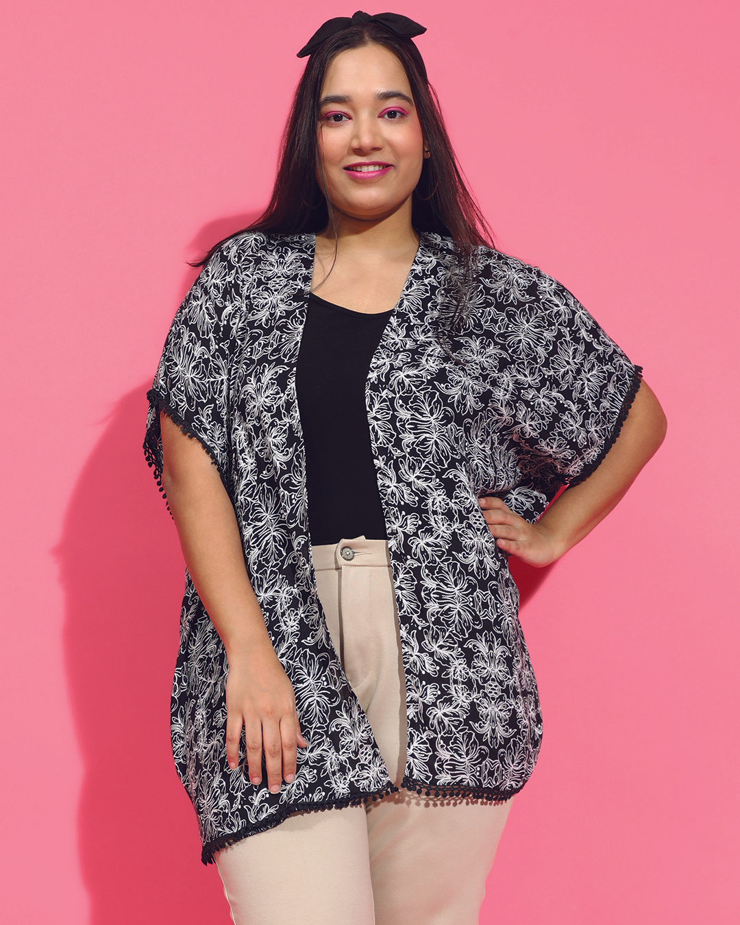 Buy Women's Black Floral Printed Relaxed Fit Plus Size Shrug Online at Bewakoof