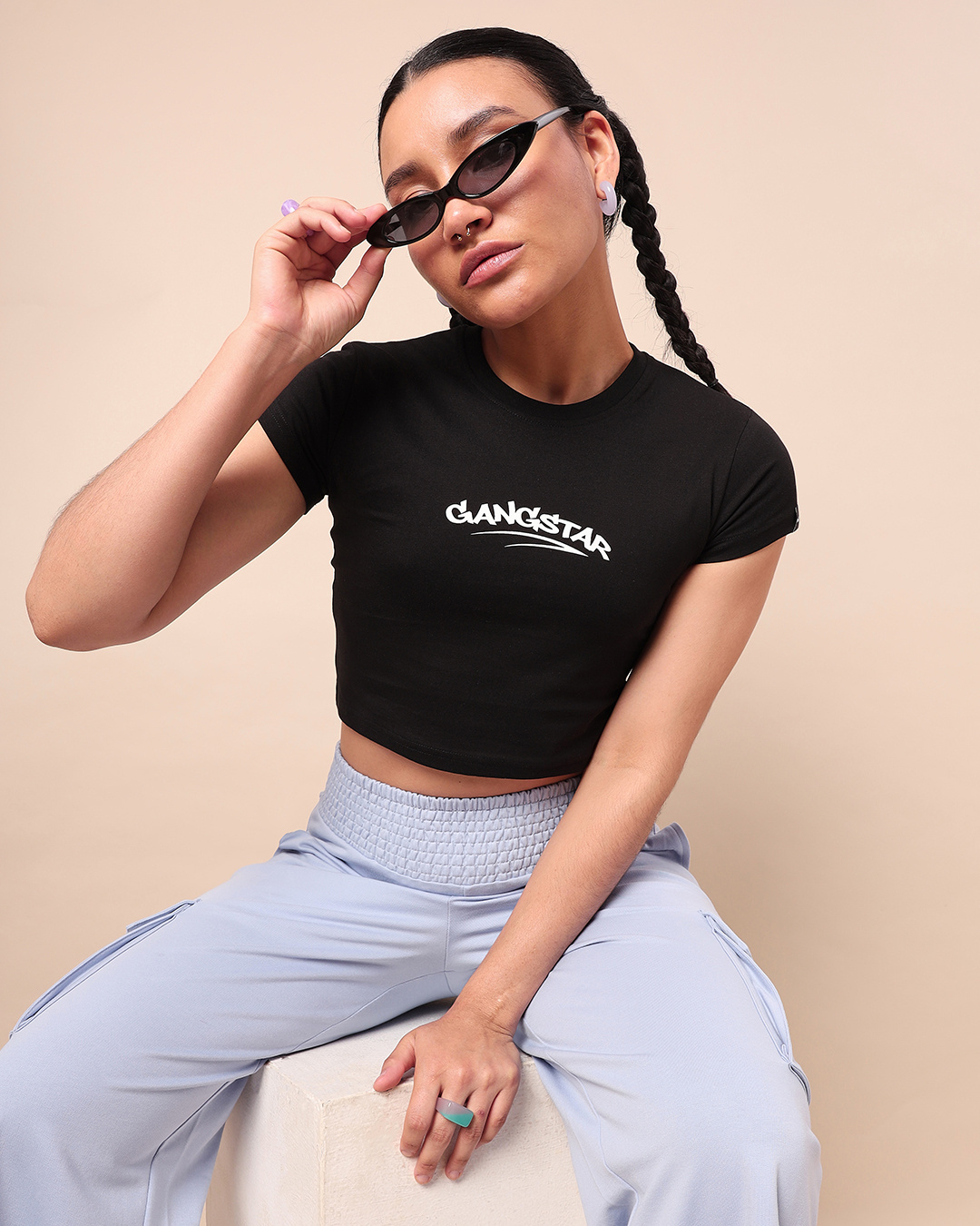 Buy Women's Black Gangstar Typography Slim Fit Short Top Online at Bewakoof