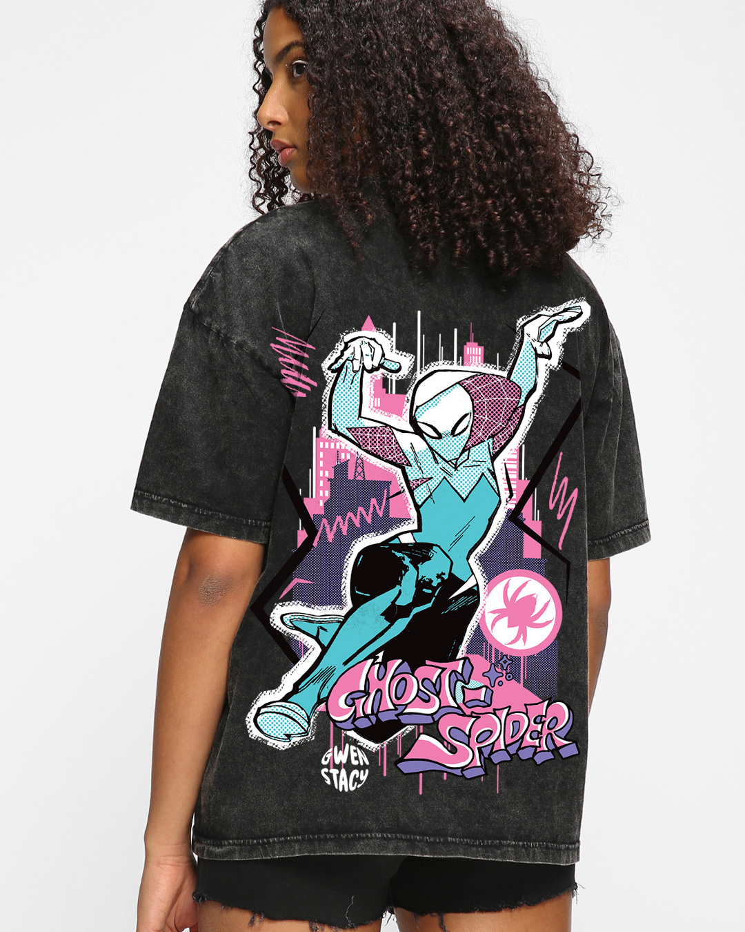 Buy Women's Black Ghost Spider Graphic Printed Oversized Acid Wash T-shirt Online at Bewakoof