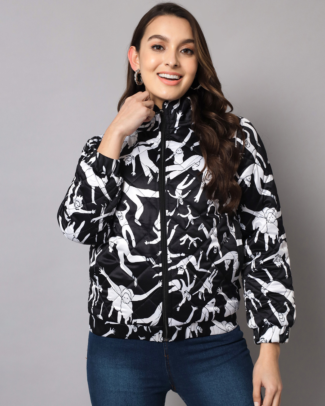 Buy Women's Black Graphic Printed Puffer Jacket Online at Bewakoof