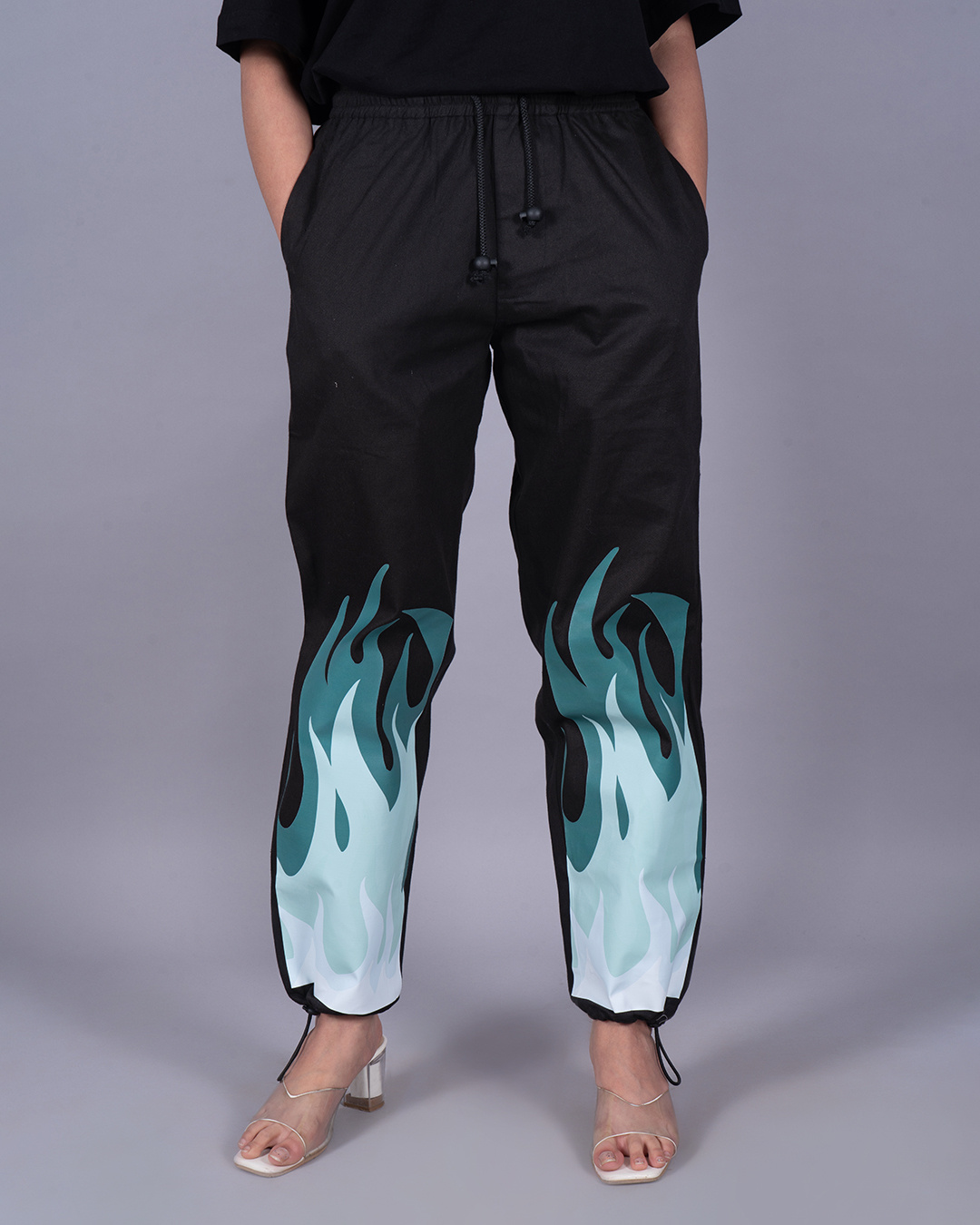 Buy Women's Black & Green Fire Printed Oversized Parachute Pants Online ...