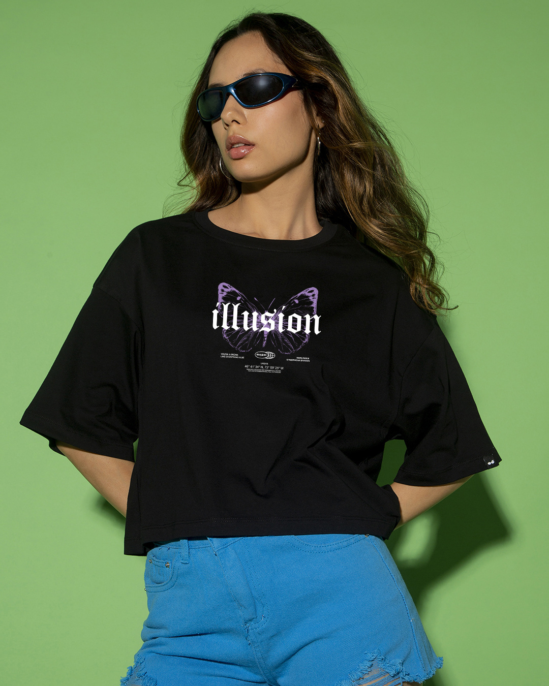 Buy Womens Black Illusion Graphic Printed Oversized Short Top Online