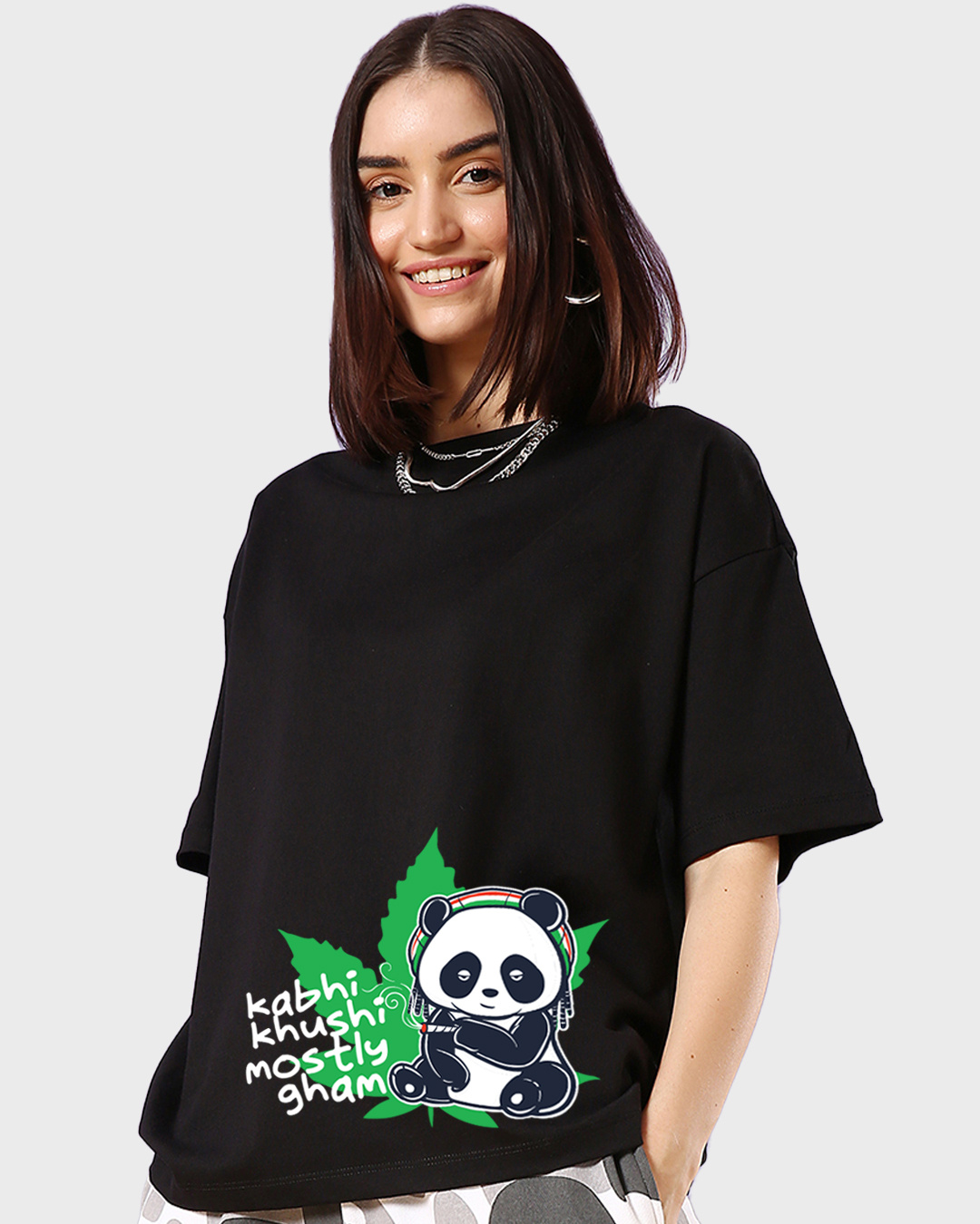 Buy Women's Black Kabhi Khushi Mostly Gham Graphic Printed Oversized T ...