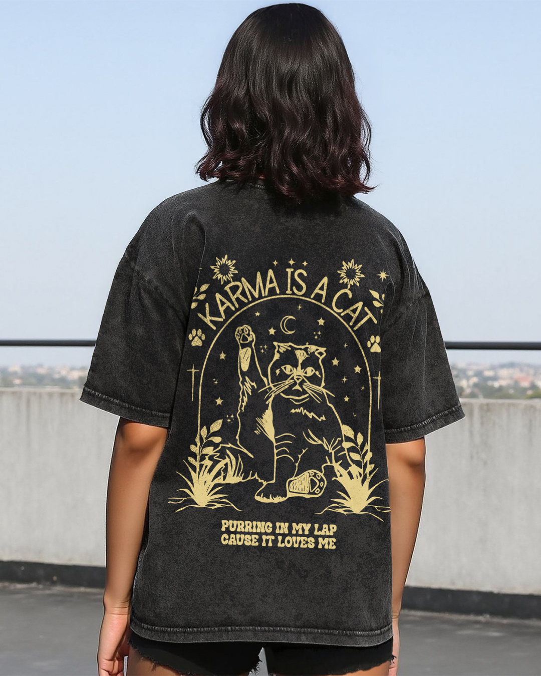Buy Women's Black Karma is a Cat Graphic Printed Oversized Acid Wash T-shirt Online at Bewakoof
