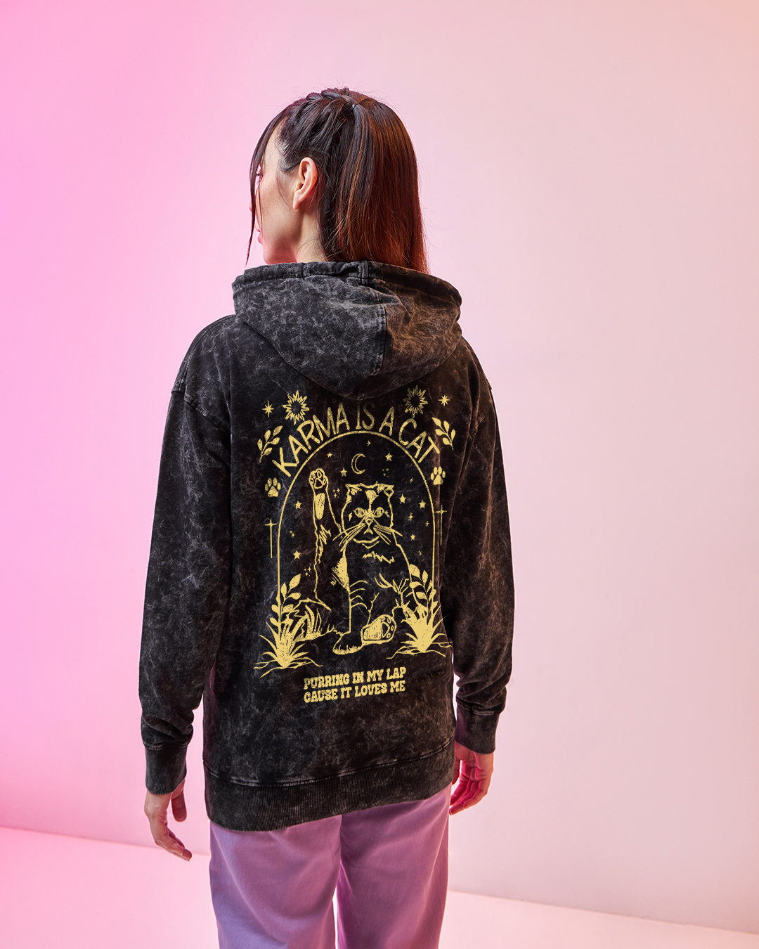 Buy Women's Black Karma is a Cat Graphic Printed Oversized Acid Wash ...