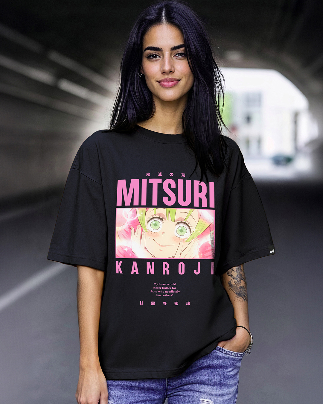 Buy Women's Black Mitsuri Kanroji Graphic Printed Oversized T-shirt ...